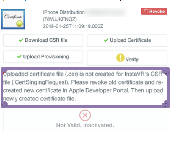 Why am I facing "Uploaded certificate file (.cer) is not created for InstaVR's CSR file ...